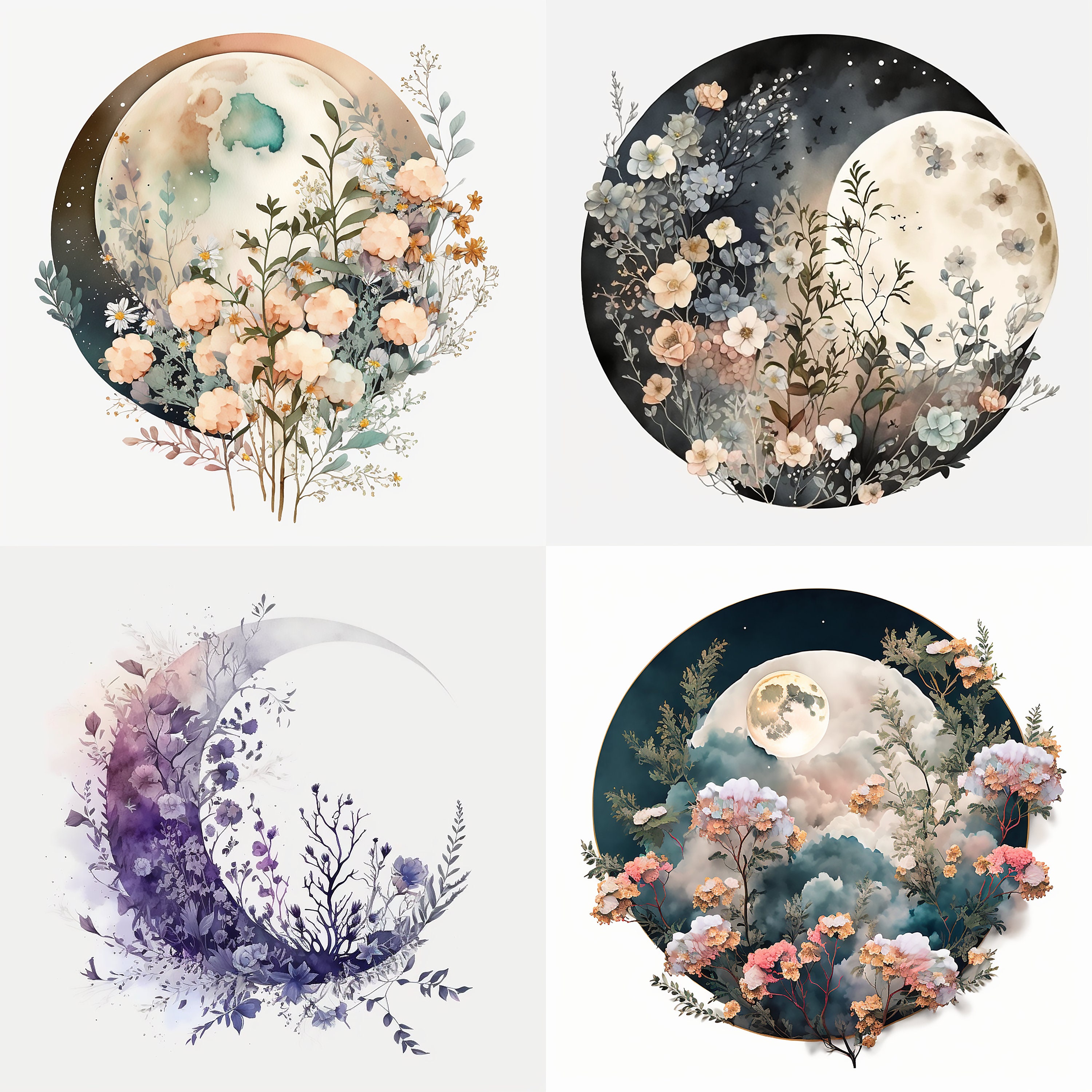Watercolor Floral Moons Clipart Floral Crescent Full Moons - Etsy