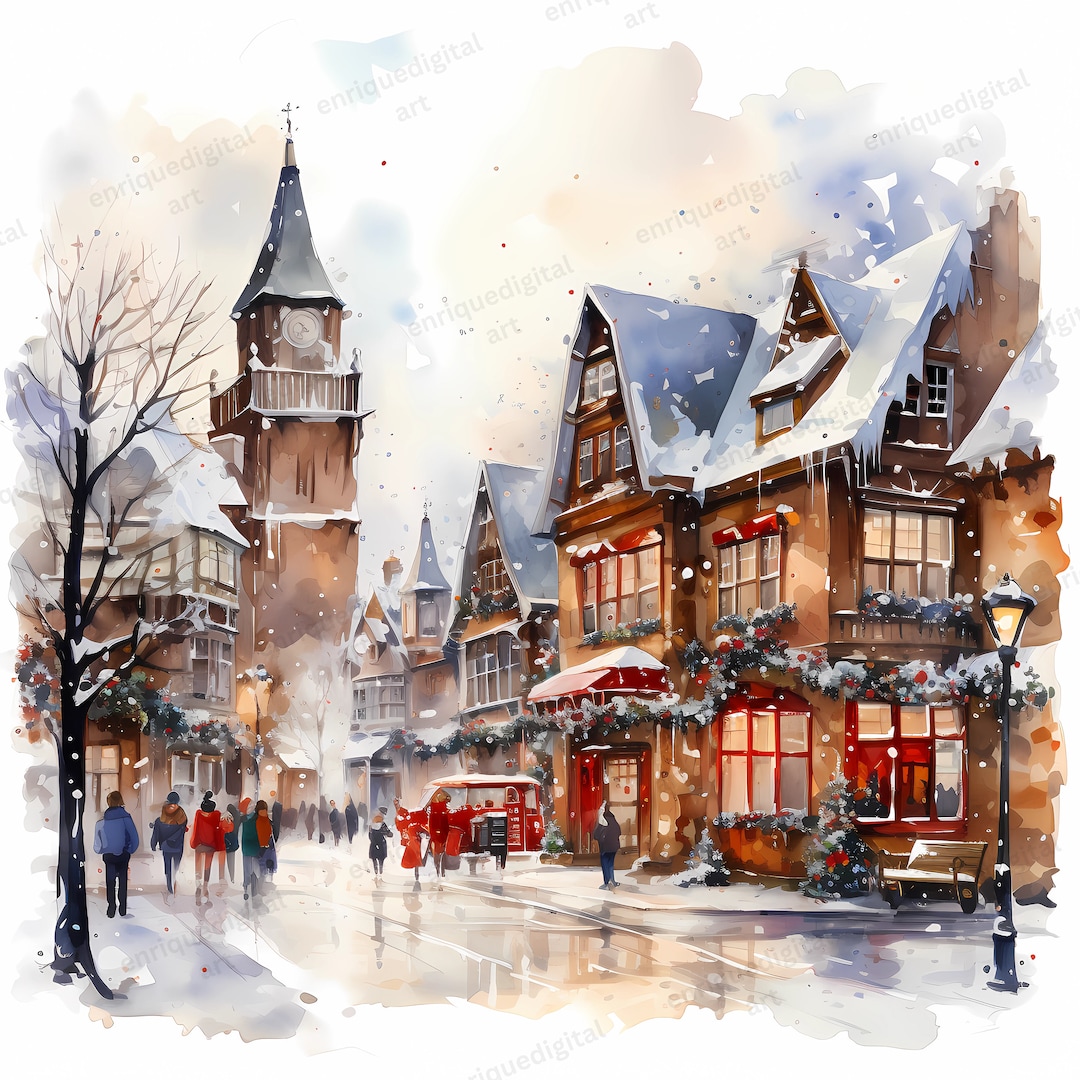 Watercolor Printable Christmas Village Square Clipart, Digital Download ...
