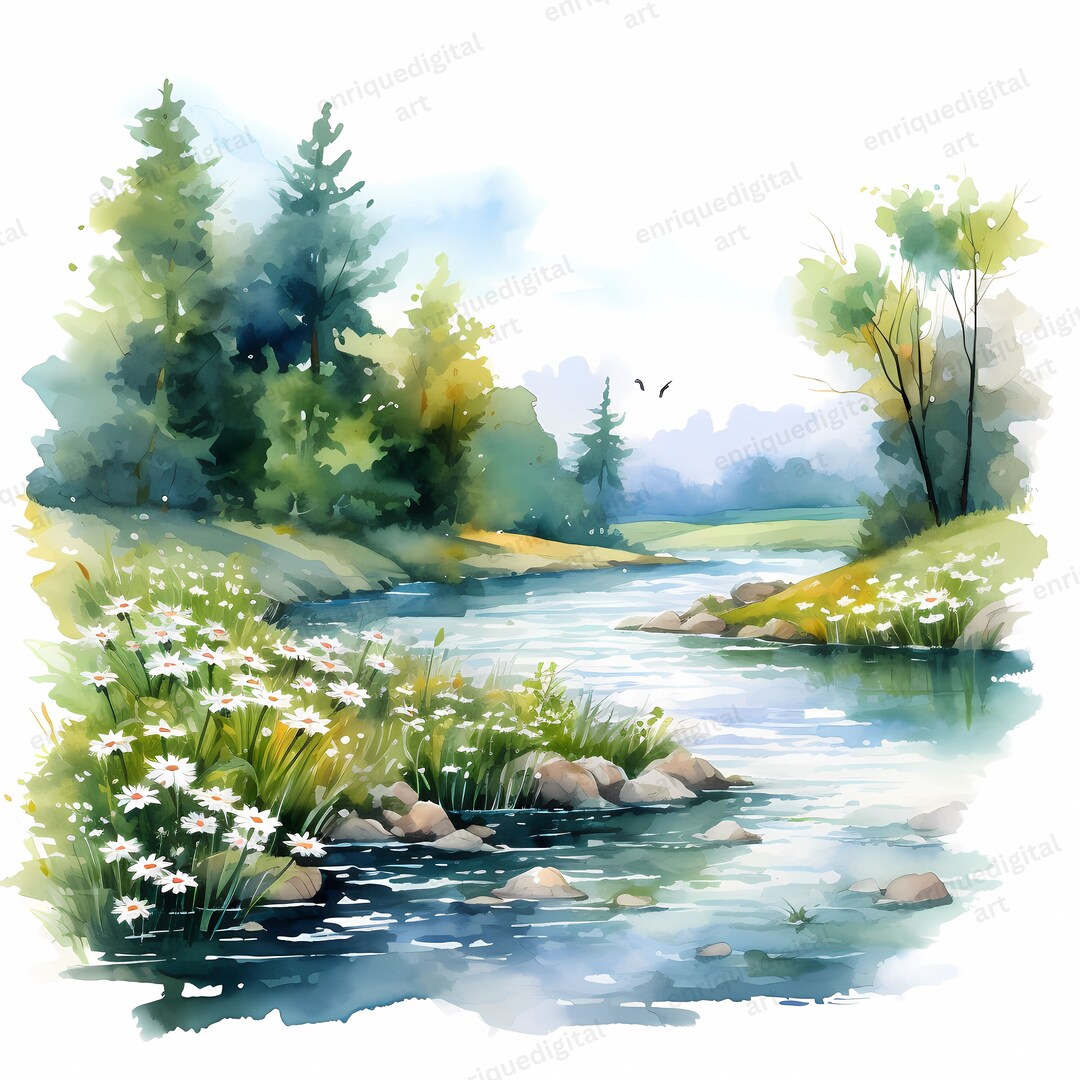 Watercolor River Clipart, River Landscape, Card Making, Digital ...