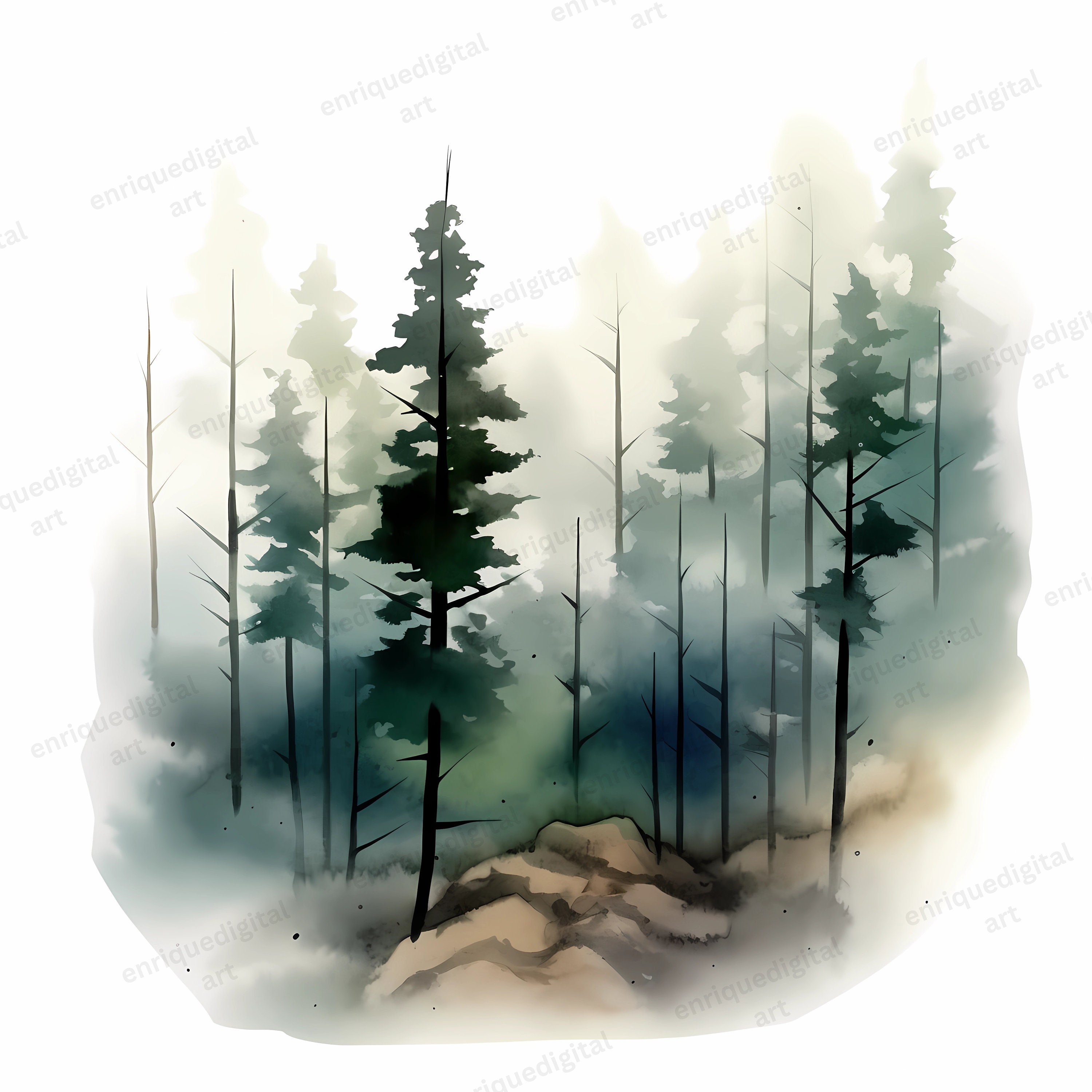Watercolor Misty Forest Clipart Landscape Art Printable Wall - Etsy