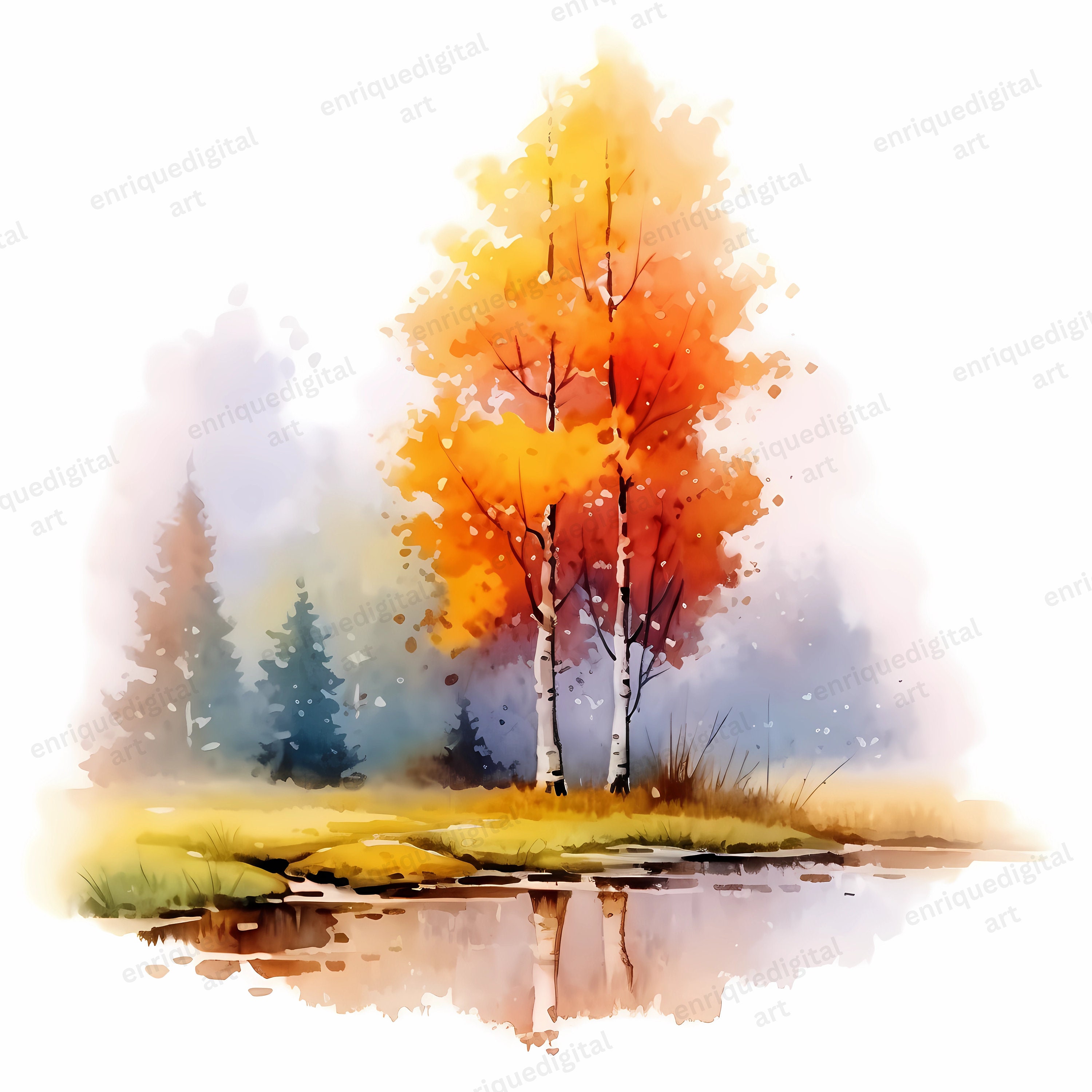 Watercolor Autumn Tree Clipart Landscape Art Printable Wall - Etsy