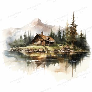 Watercolor Cabin in Woods Clipart, Landscape, Card Making, Paper ...