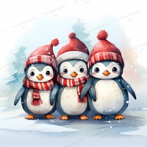 Watercolor Winter Christmas Penguins Clipart, Digital Download, Cute ...