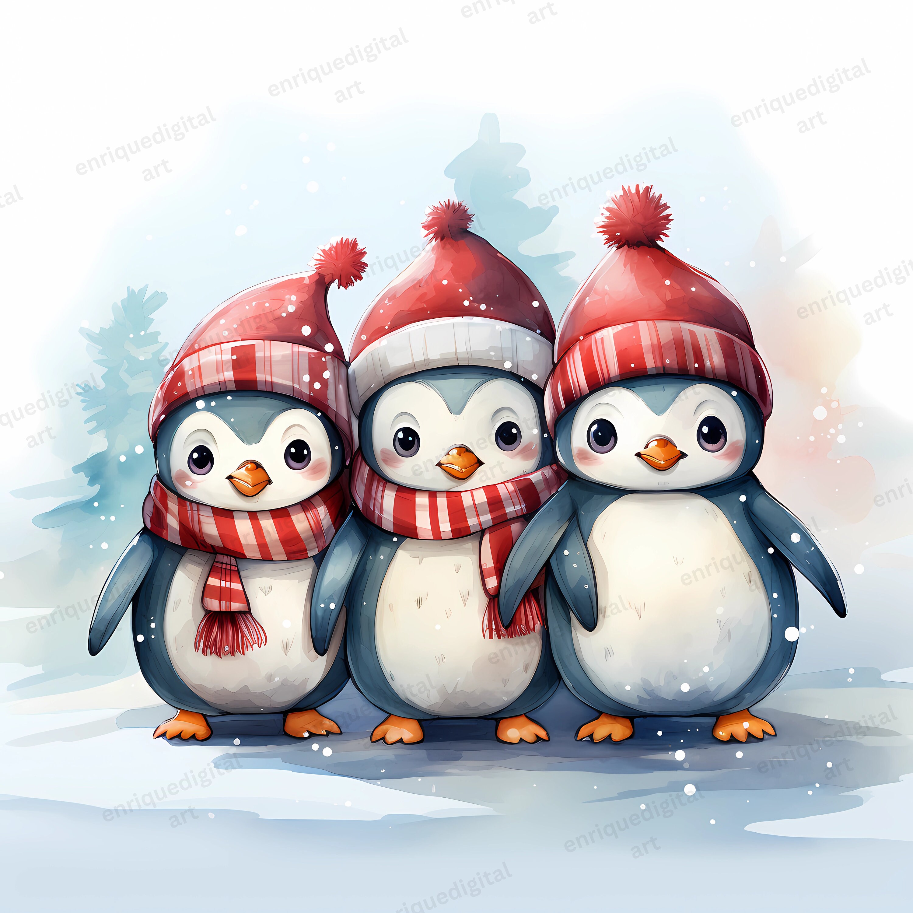 Watercolor Winter Christmas Penguins Clipart Digital - Etsy