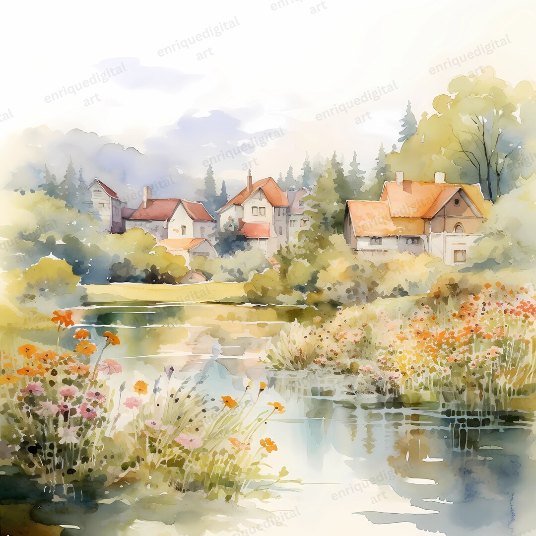 Watercolor Countryside Clipart, Landscape, Nature Scene, Digital ...