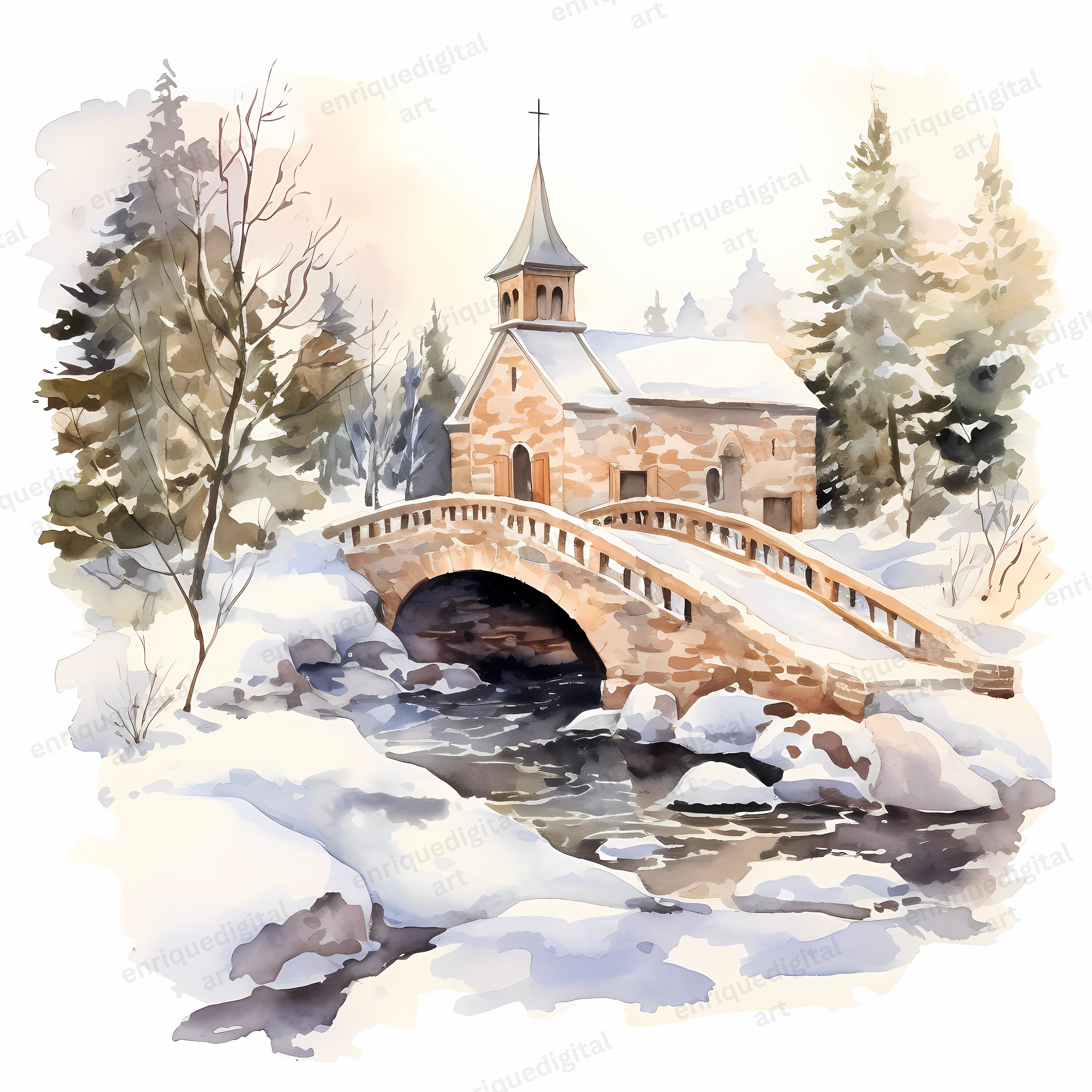 Aquarell Brücke Clipart, Kirche Clipart, Winterlandschaft, Kartenherstellung, digitaler Download ...