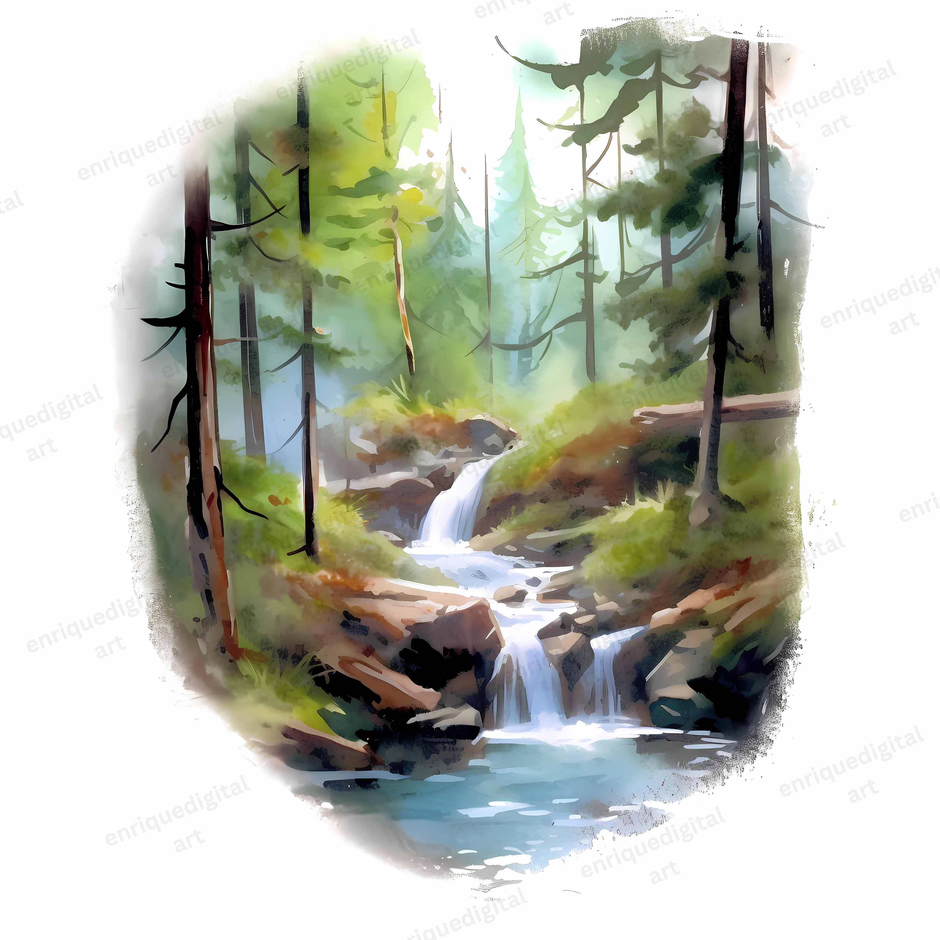 Watercolor Stream in Forest Clipart, Landscape Scenes, PNG Format ...