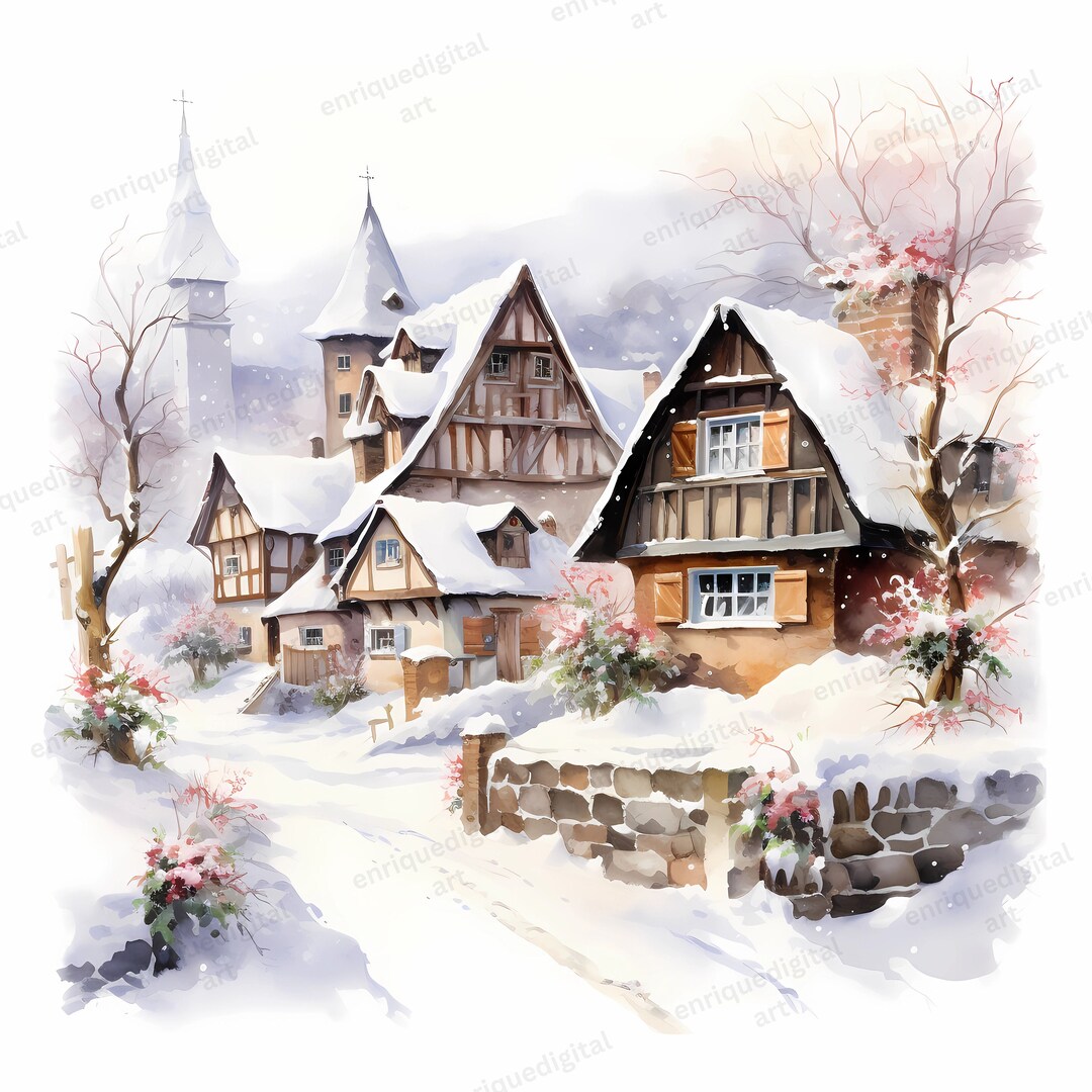 Watercolor Village Clipart, Winter Landscape, Countryside Scenery ...