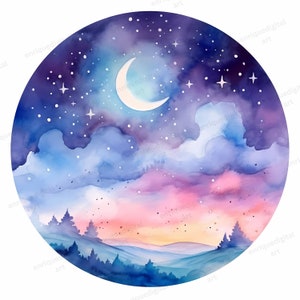 Watercolor Moon Clipart, Sky Landscape, Card Making, Digital Download ...