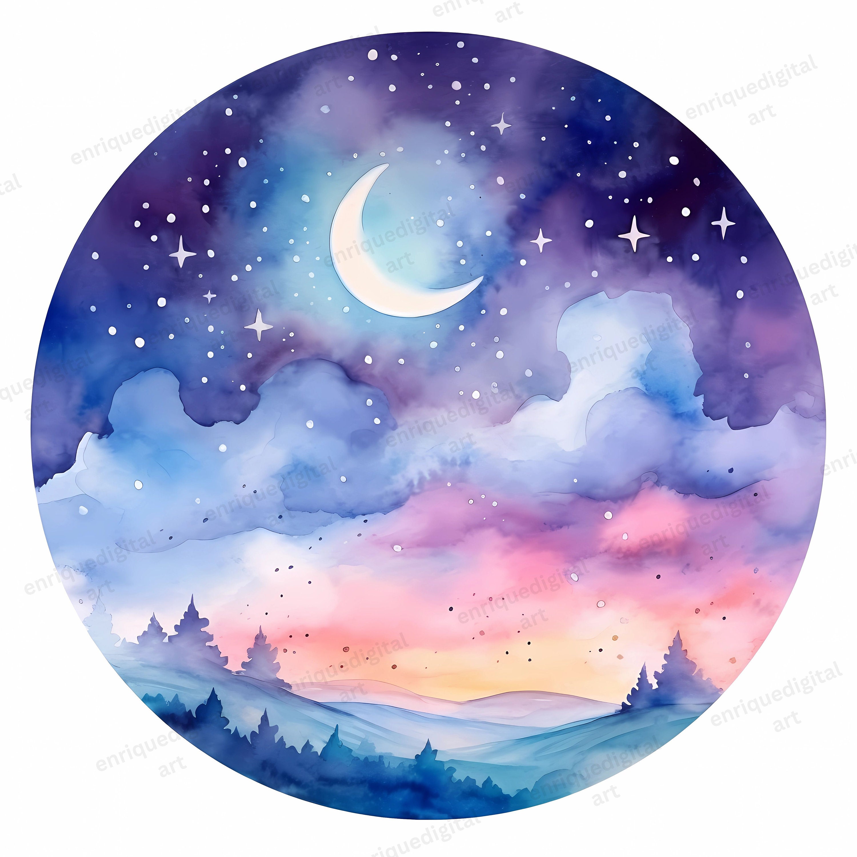 Watercolor Moon Clipart Sky Landscape Card Making Digital - Etsy