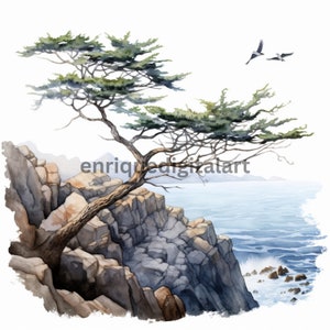 Watercolor Rocky Cliff Clipart, Watercolor Oceanscape, Printable Images ...