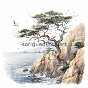 Watercolor Rocky Cliff Clipart, Watercolor Oceanscape, Printable Images ...