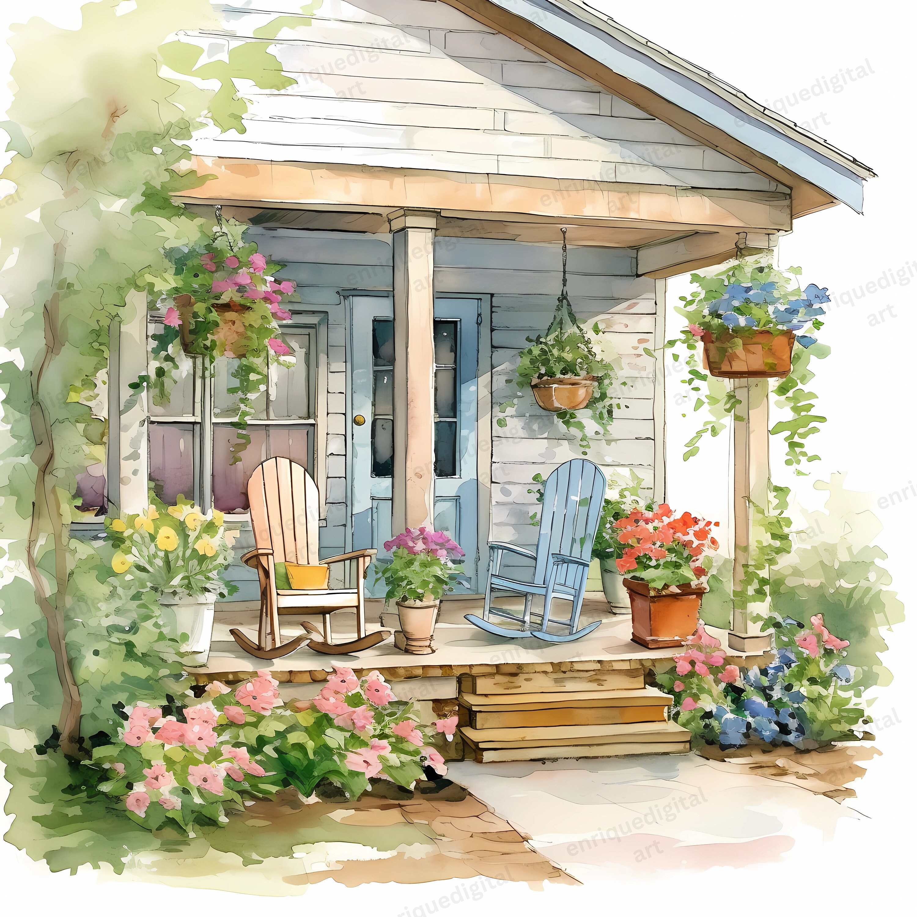 Watercolor Countryside Porch Clipart, Landscape Art, Printable Wall Art ...