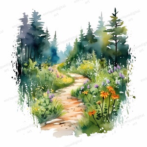 Watercolor Forest Path Clipart, Lanscape Clipart, Wildflowers Clipart ...