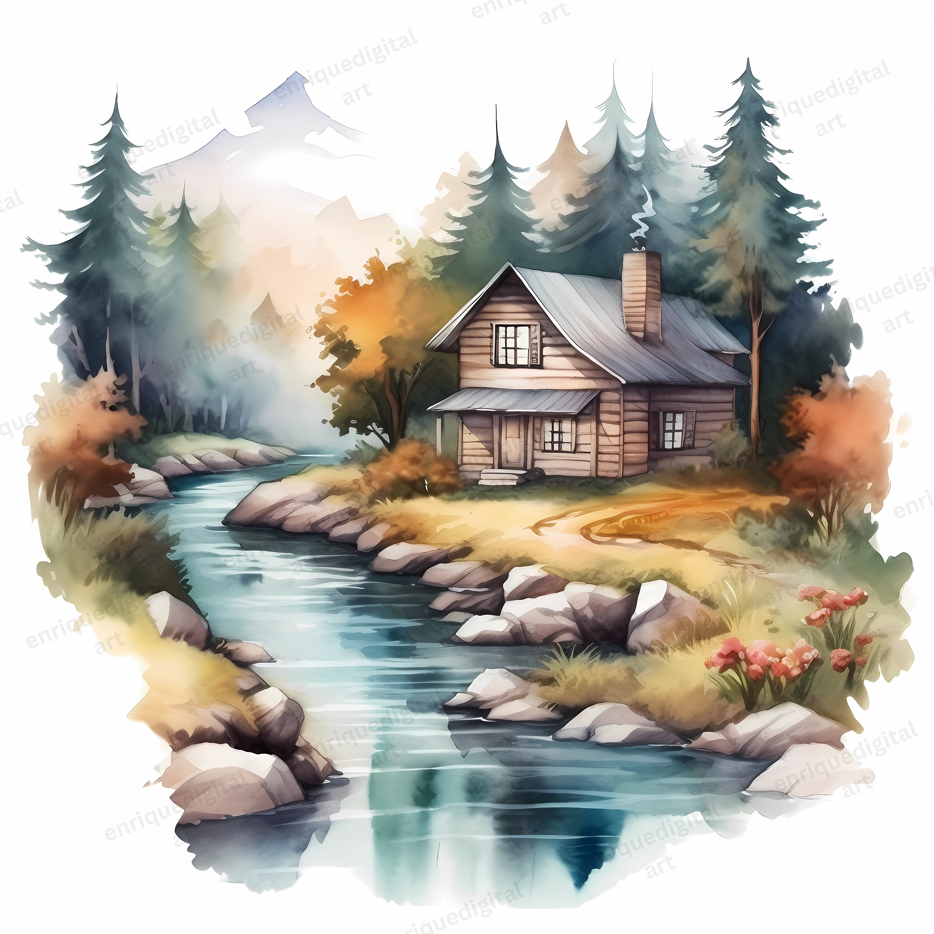 Watercolor Forest Cabin Clipart Cabin in Woods Houses - Etsy