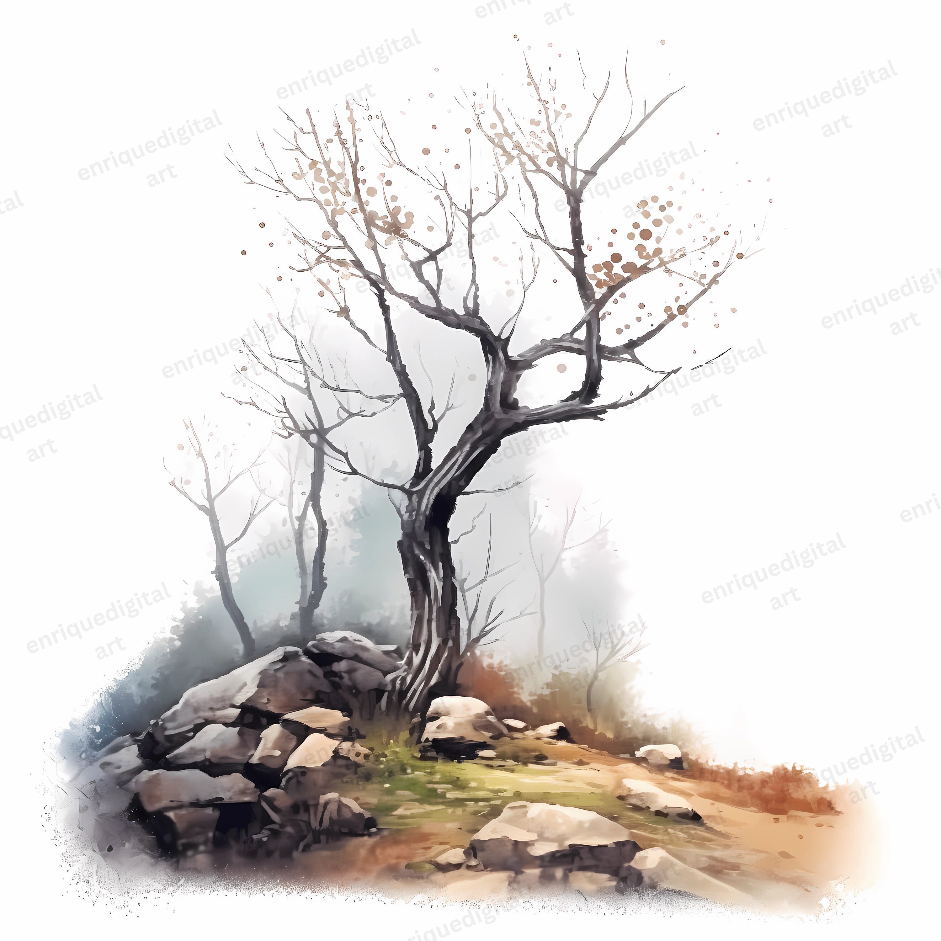 Watercolor Misty Tree Clipart Landscape Art Printable Wall - Etsy