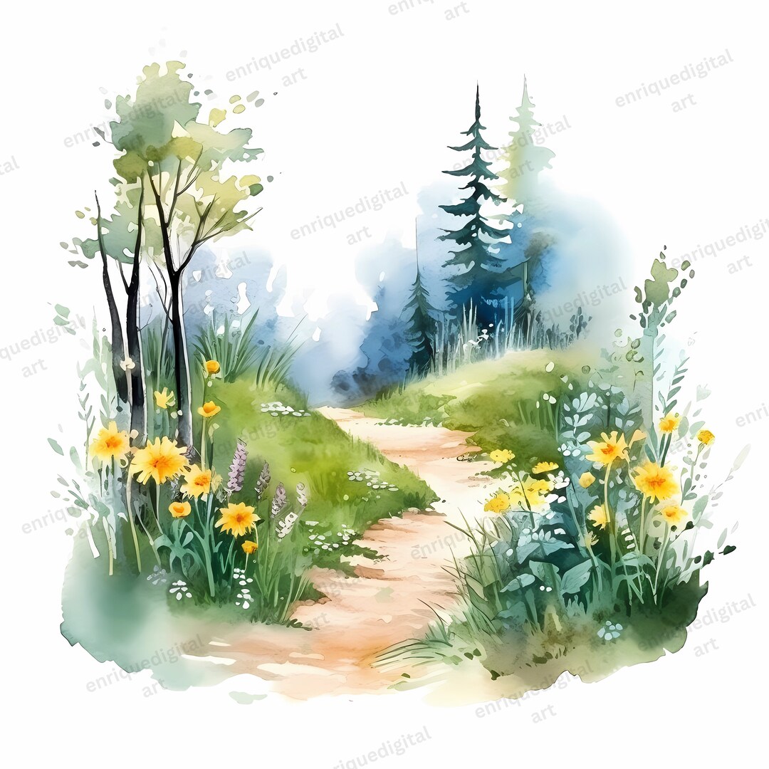Watercolor Forest Path Clipart, Lanscape Clipart, Wildflowers Clipart ...