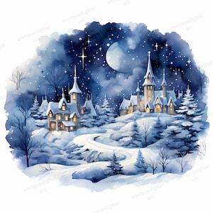 Watercolor Winter Village Clipart, Printable Snowy Village, Winter ...
