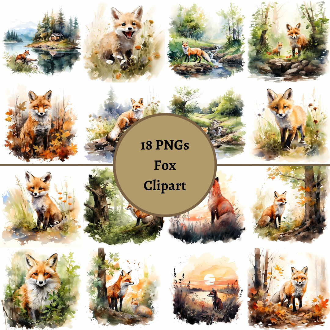 Watercolor Fox Clipart, Fox Digital Image, Nature Scene, Digital ...