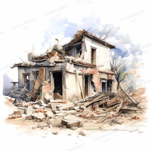 Watercolor House Clipart, Cottage Clipart, Destroyed House Clipart ...