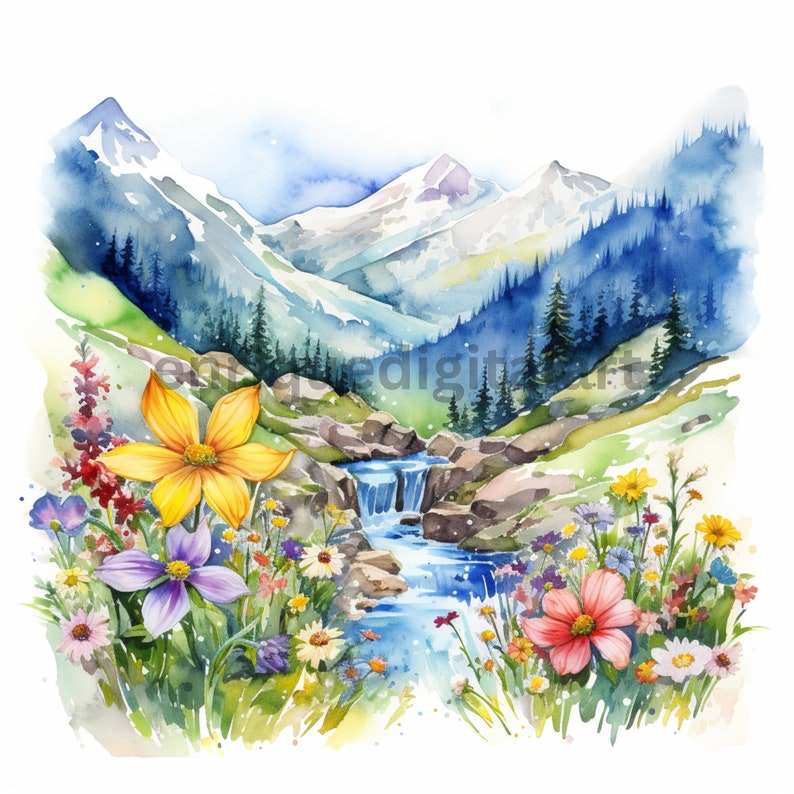 Mountain Stream Landscape, Watercolor Painting, High Quality Jpgs, Card ...