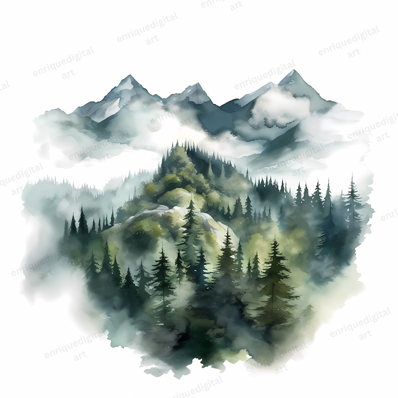 Watercolor Misty Forest Mountain Clipart Misty Mountain - Etsy