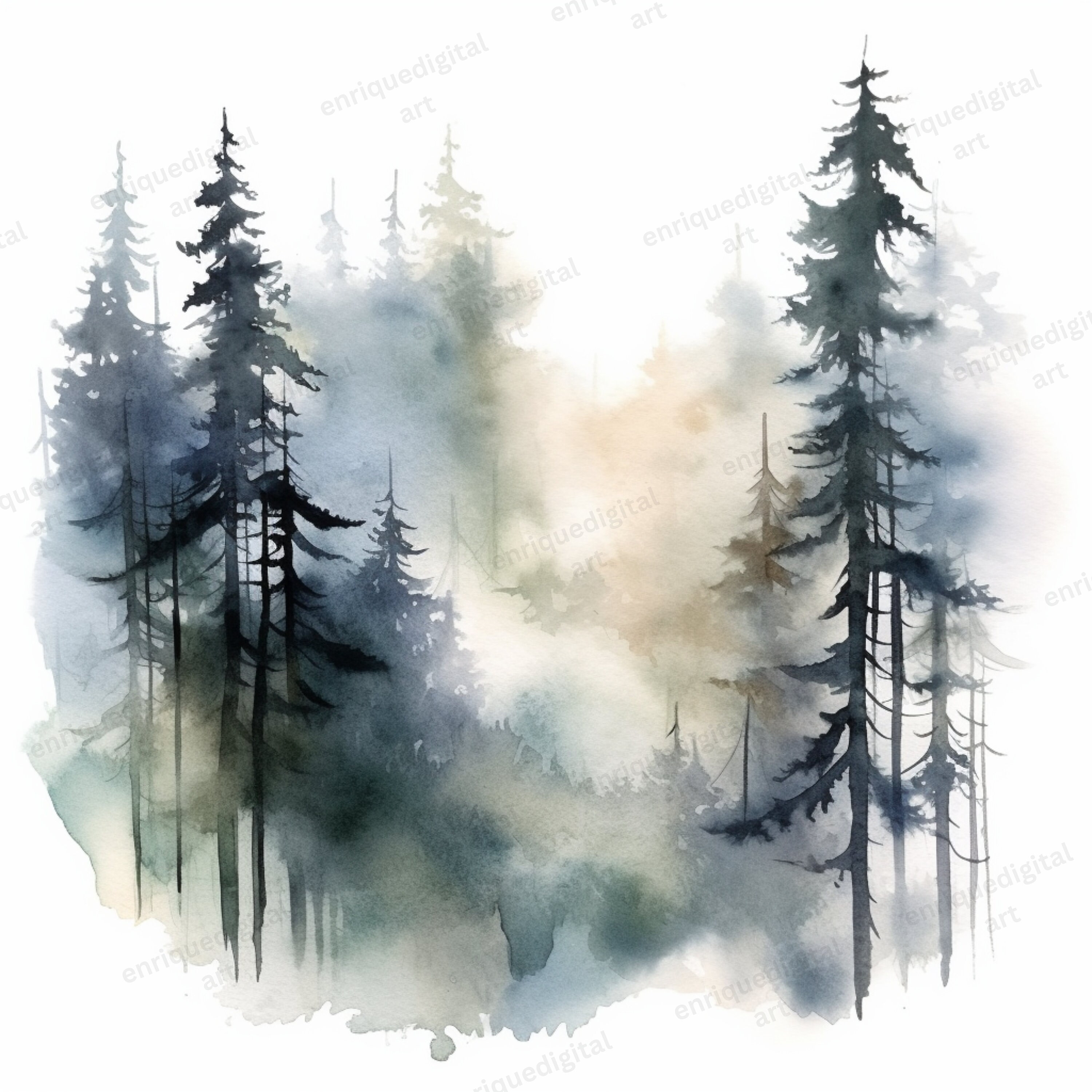 Watercolor Misty Forest Clipart Landscape Art Printable Wall - Etsy