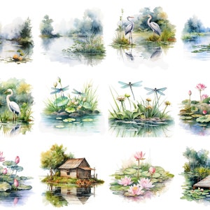 Watercolor Pond Clipart, Pond Landscapes, PNG, Clipart Bundle, Card ...
