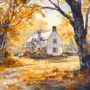Watercolor English Countryside in Autumn, Autumn Landscape, Vivid ...