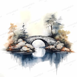 Watercolor Forest Bridge Clipart, Landscape Art, Printable Wall Art ...