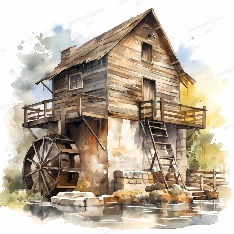 Watercolor Watermill Clipart, Watermill PNG, Watermill Printable Art ...