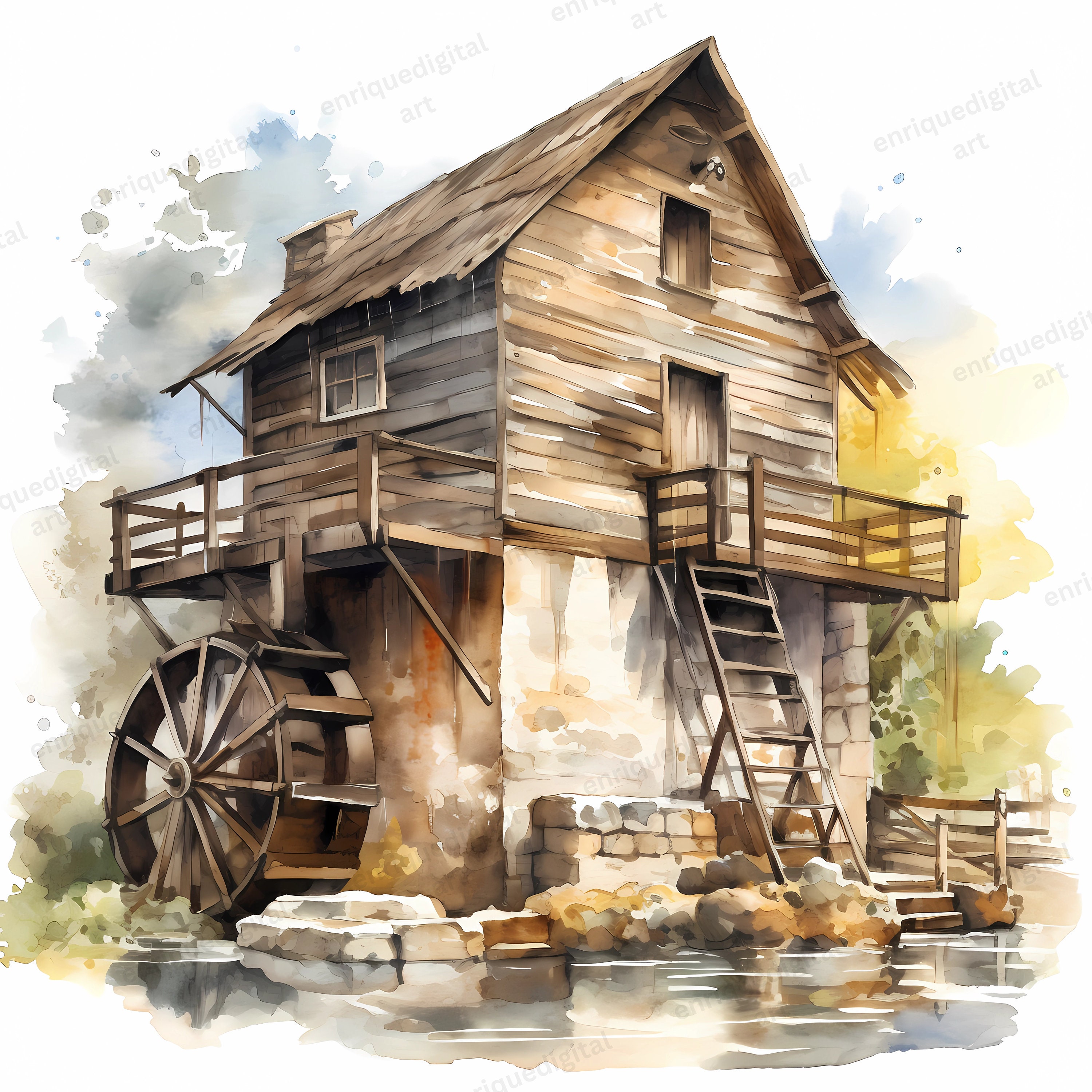 Watercolor Watermill Clipart, Watermill PNG, Watermill Printable Art ...