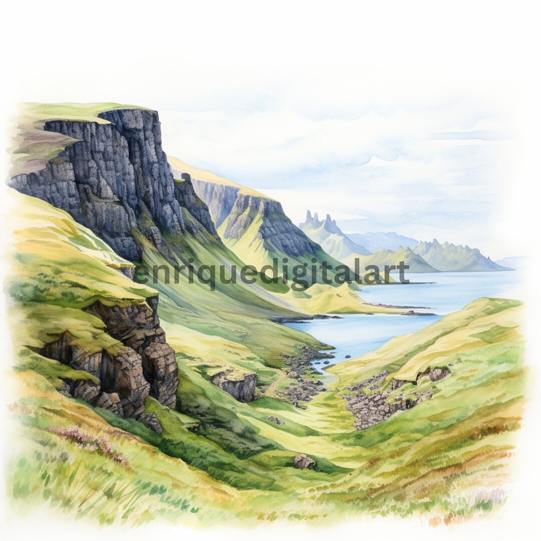 Watercolor Scottish Landscape Clipart, Green Vivid Colors, Printable ...