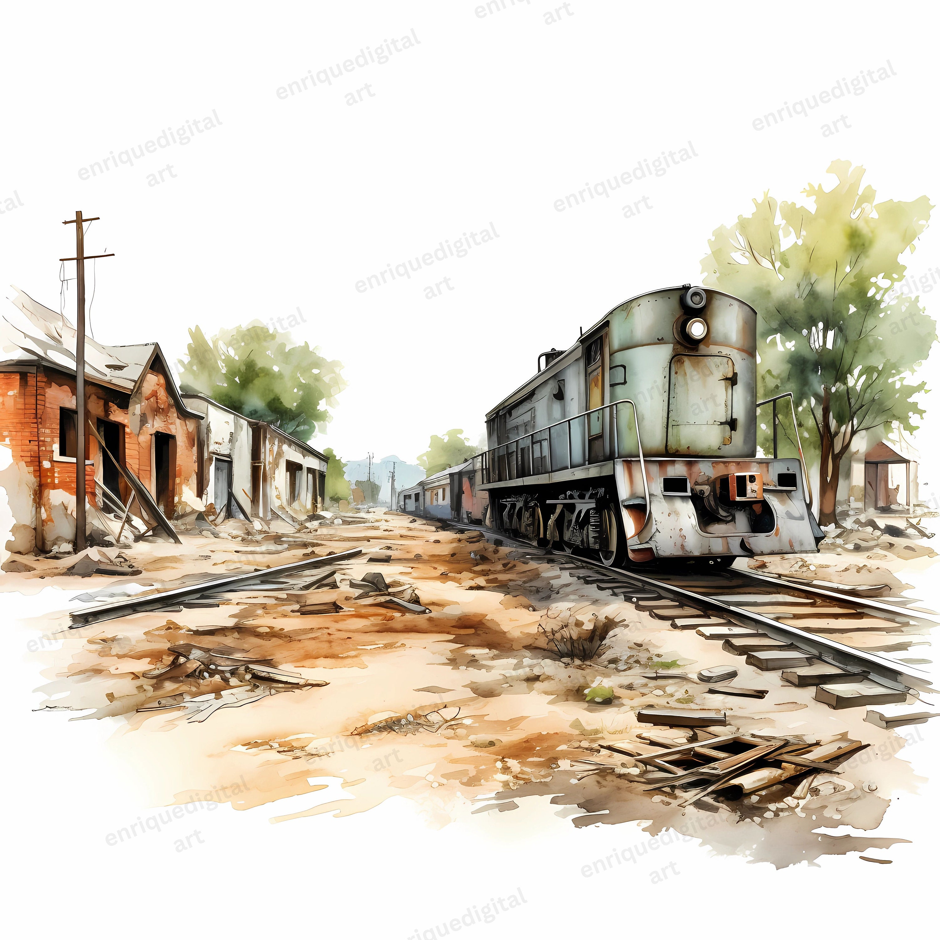 Watercolor Train Clipart Train Station Landscape Nature - Etsy