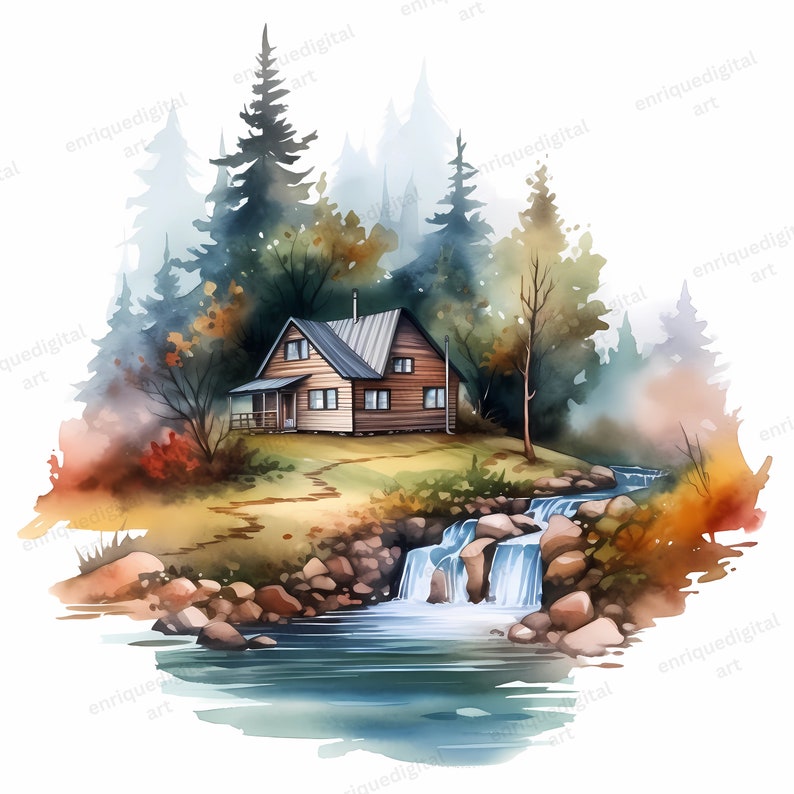 Watercolor Forest Cabin Clipart Cabin in Woods Houses - Etsy