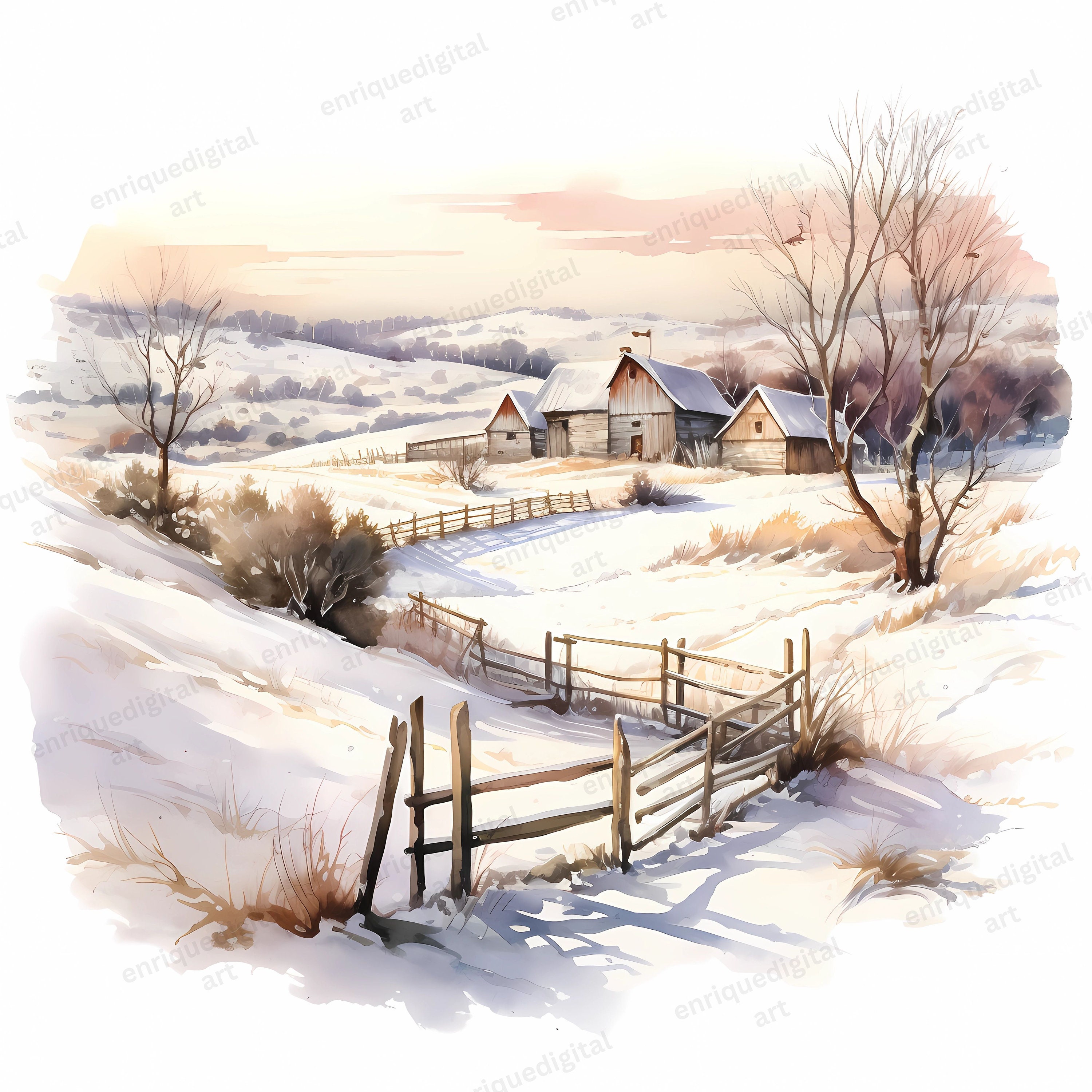 Watercolor Countryside Clipart, Winter Landscape, Card Making, Paper ...
