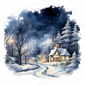 Watercolor Winter Village Clipart, Printable Snowy Village, Winter ...