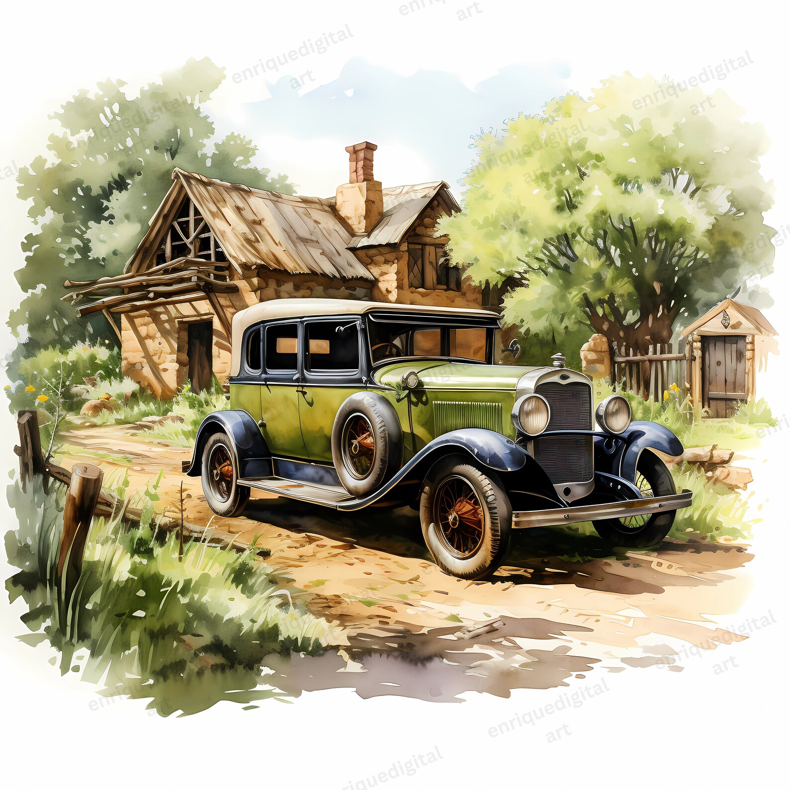 Watercolor Rustic Car Clipart, Countryside Landscape, Nature Scene ...