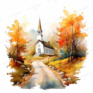 Watercolor Church Autumn Clipart, Landscape Art, Printable Wall Art ...