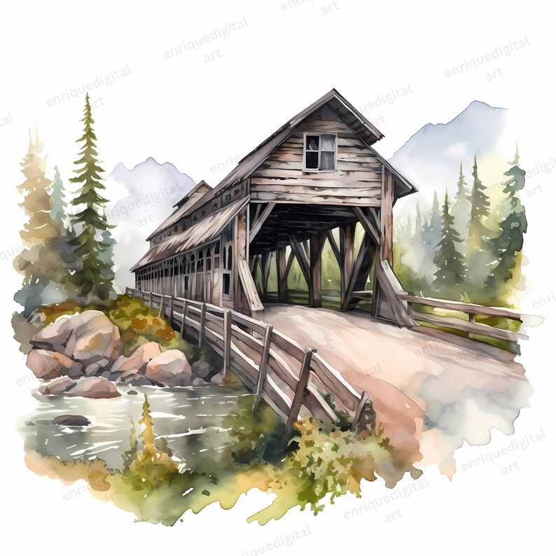 Watercolor Covered Bridge Clipart Bridge Landscape Printable - Etsy