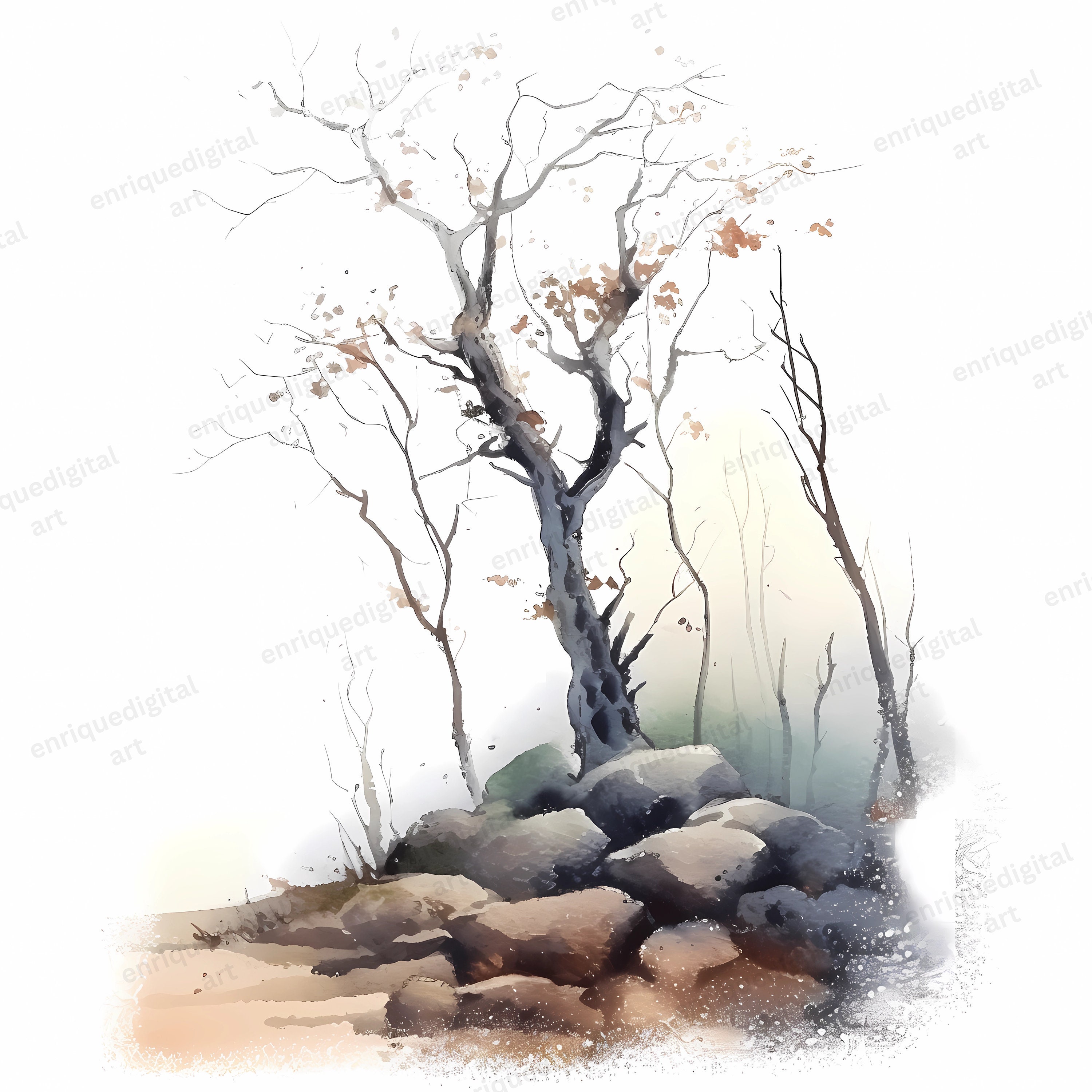 Watercolor Misty Tree Clipart Landscape Art Printable Wall - Etsy