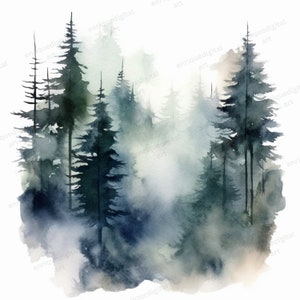 Watercolor Misty Forest Clipart, Landscape Art, Printable Wall Art ...