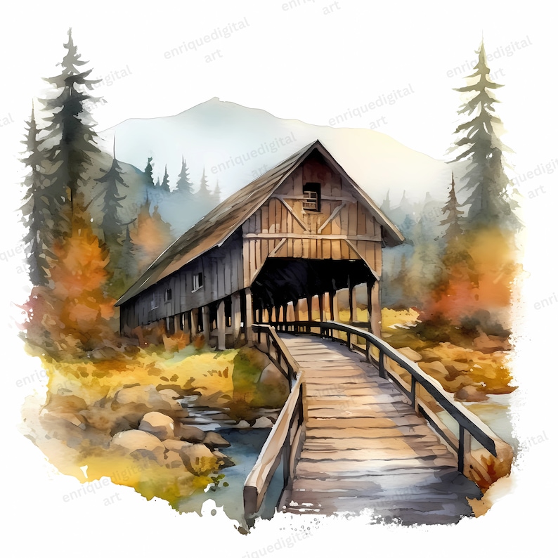 Watercolor Covered Bridge Clipart, Bridge Landscape, Printable Art ...