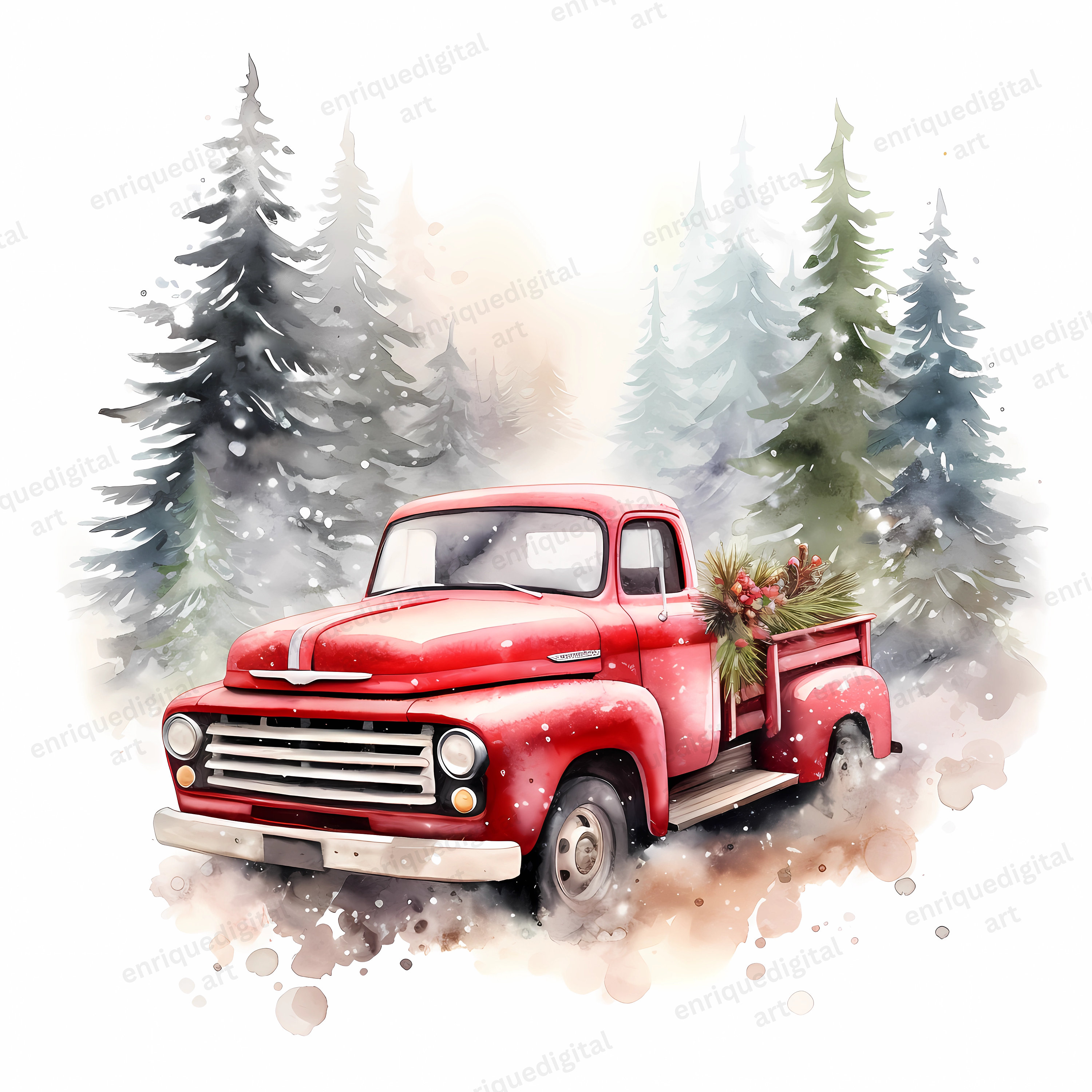 Watercolor Red Truck Clipart Christmas Card Card Making - Etsy