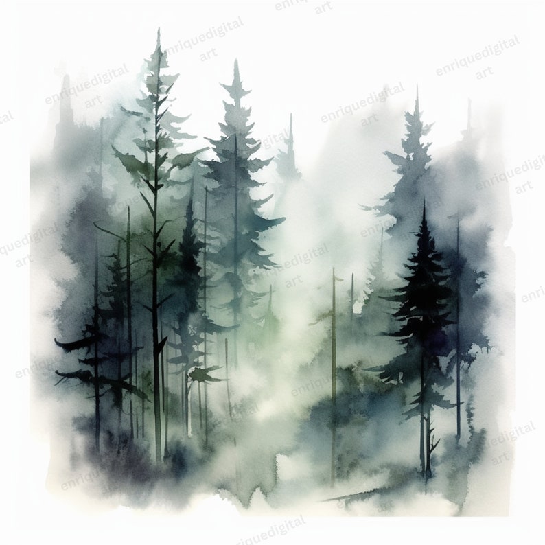 Watercolor Misty Forest Clipart Landscape Art Printable Wall - Etsy