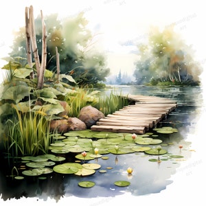 Watercolor Pond Dock Clipart, Nature Landscape Scenes, PNG Format ...