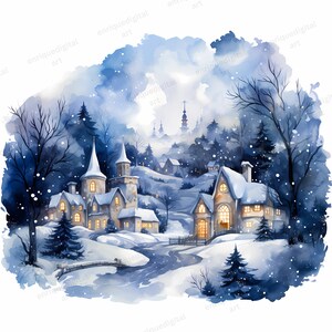 Watercolor Winter Village Clipart, Printable Snowy Village, Winter ...