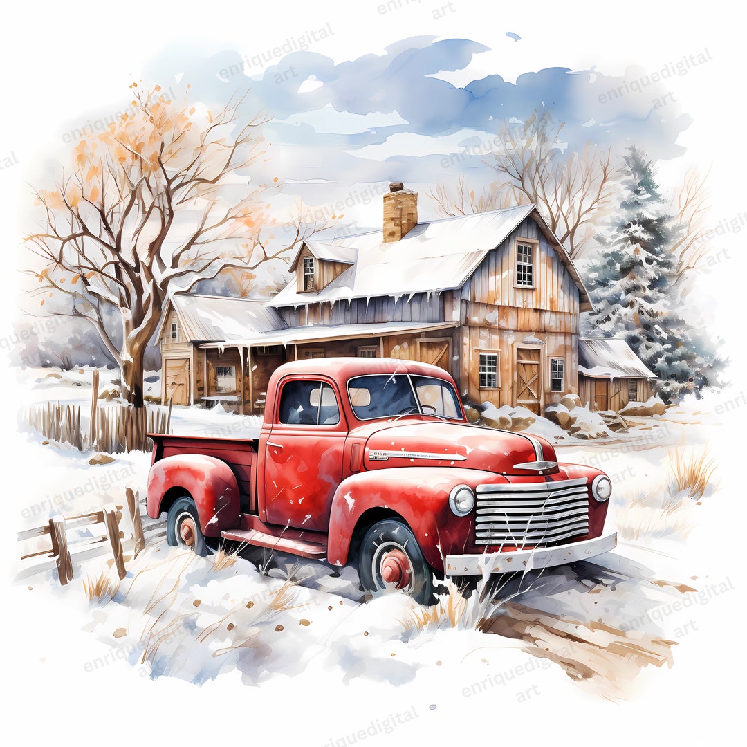 Red Truck Clipart, Watercolor Painting, Digital Download, Countryside ...