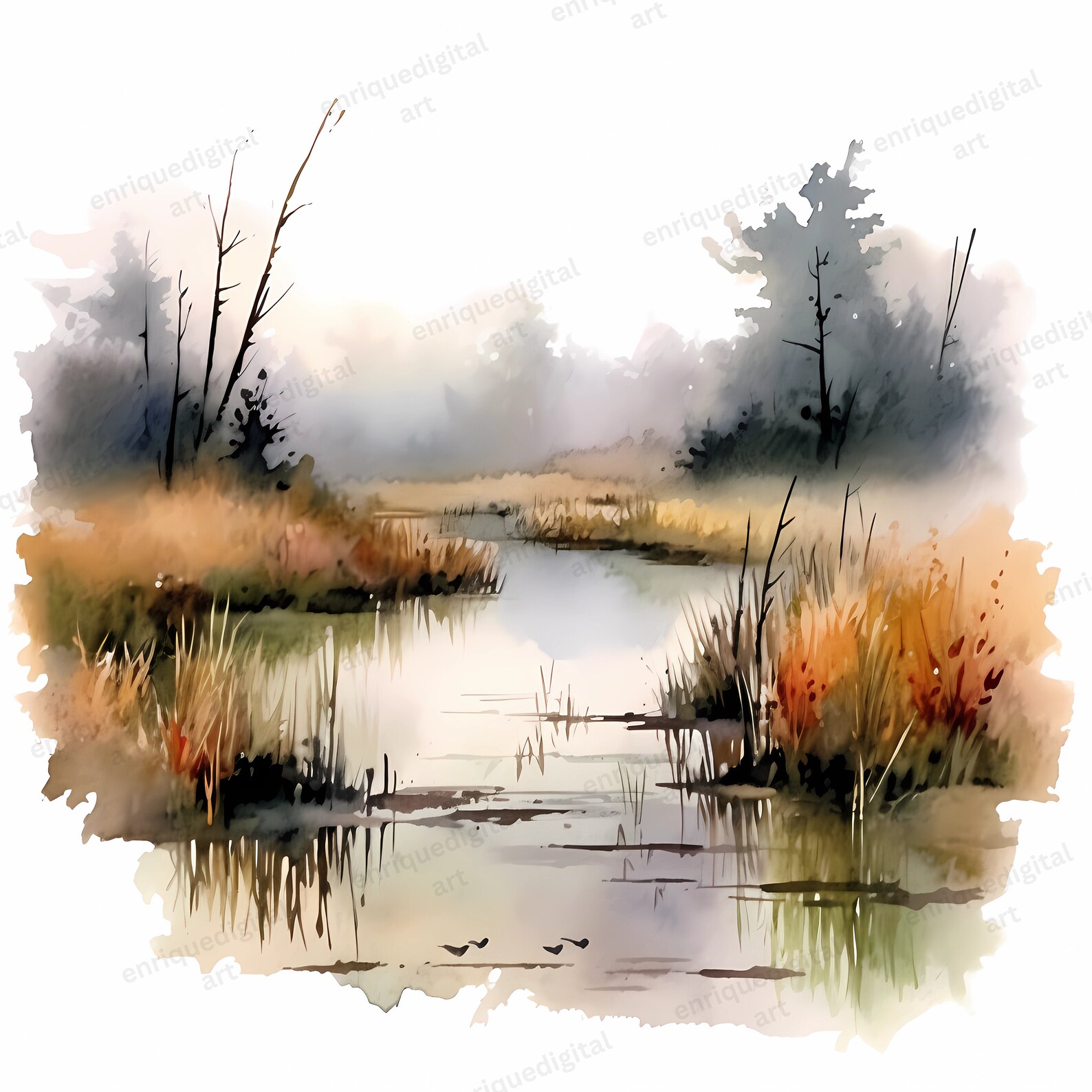 Watercolor Misty Lake Clipart, Landscape Art, Printable Wall Art, Wall ...