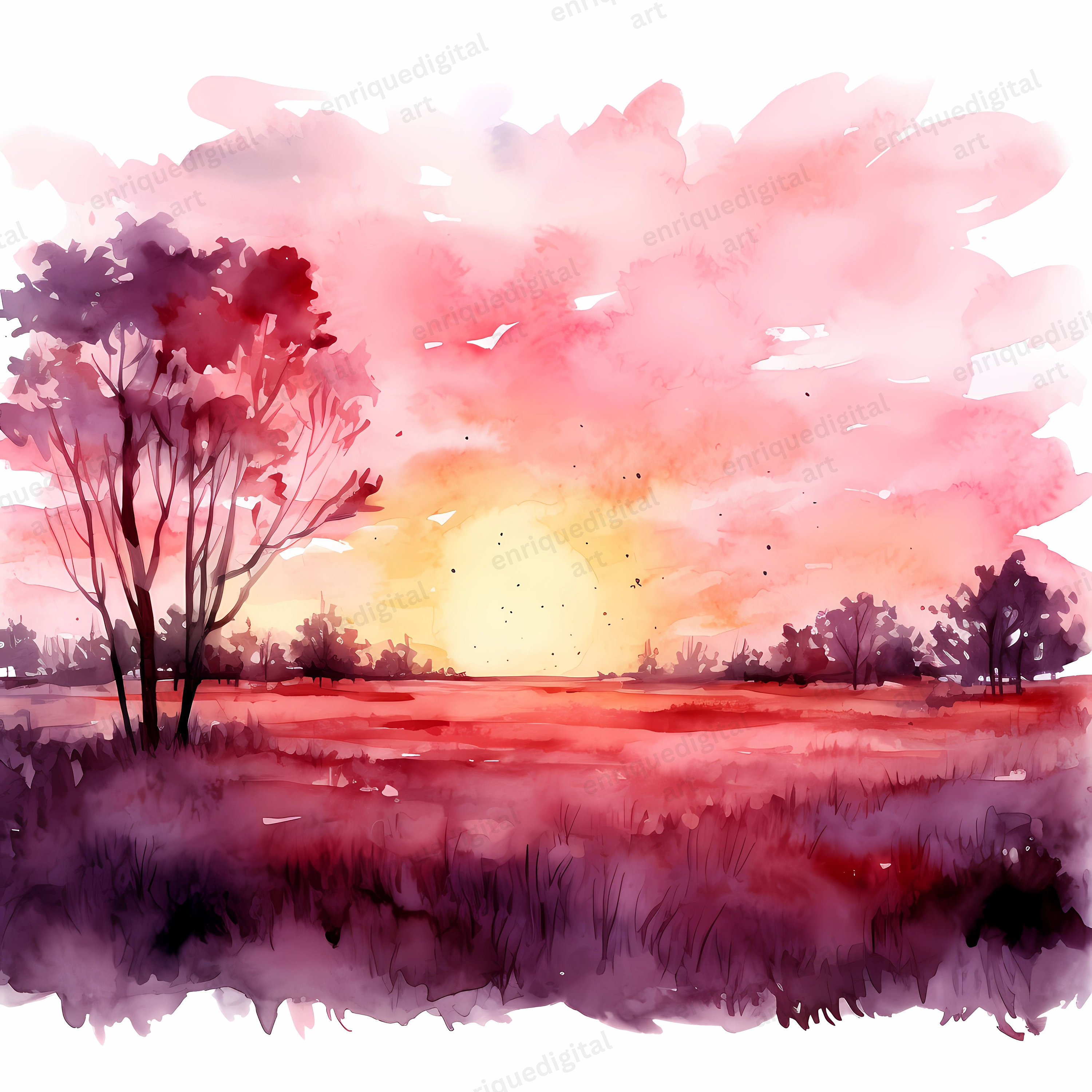 Watercolor Sunrise Clipart, Sunrise Landscape, PNG, Card Making ...
